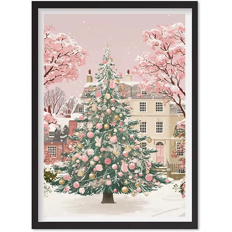 Pink Christmas Tree Art Poster : Cozy Winter Home Decor Wall Art, Matte ...