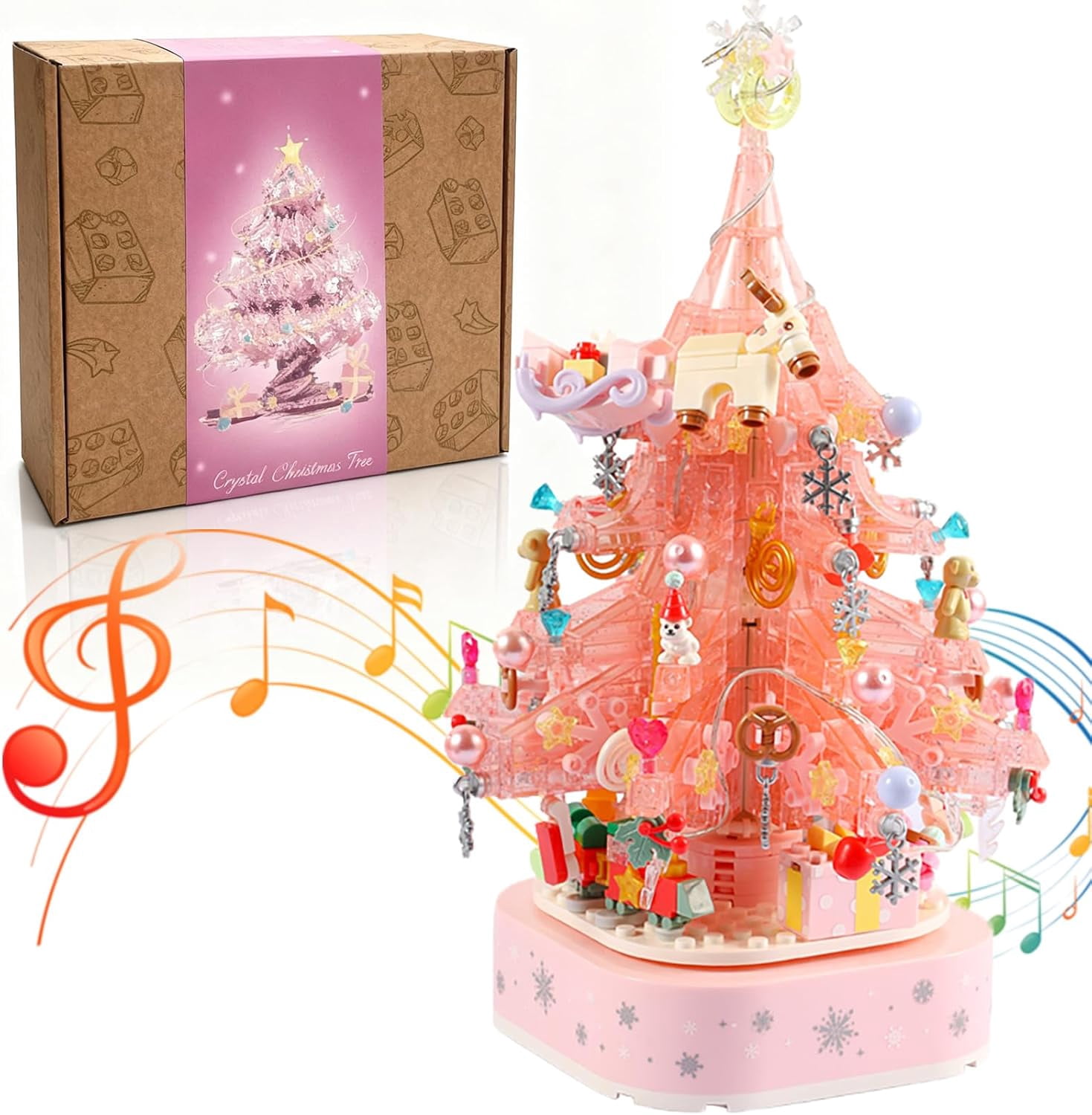 Pink Christmas Tree Building Blocks Music Box - DIY Buildable Christmas ...