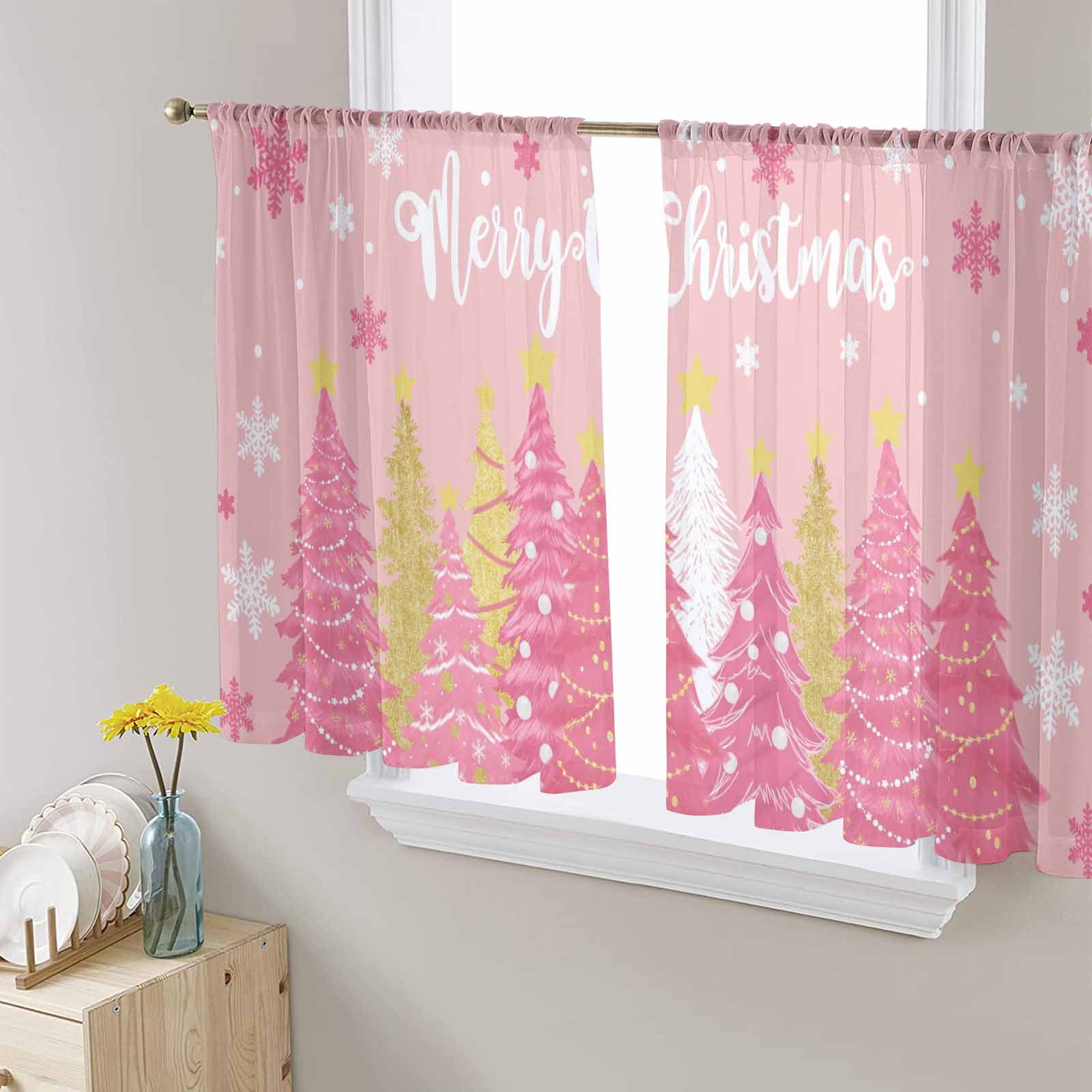 Pink Christmas Tree Sheer Curtains 45 Inch Length 2 Panels Set, Semi ...