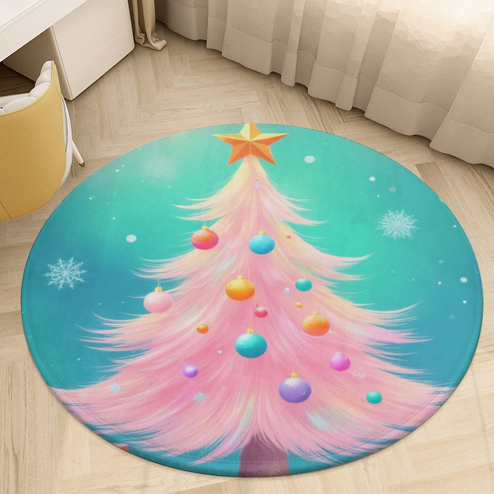 Pink Christmas Tree with Gifts Round Area Rugs for Bedroom Living Room ...