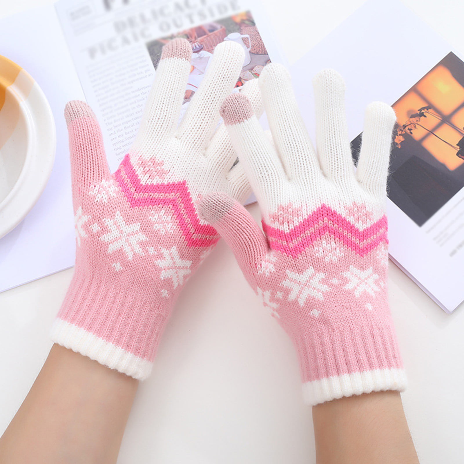 Pink Christmas Women Can Enable Screen Gloves Warm Stretch Knitted ...