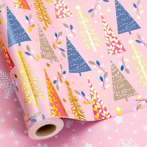 Pink Christmas Wrapping Paper, Reversible Christmas Gift Wrap, Metallic ...