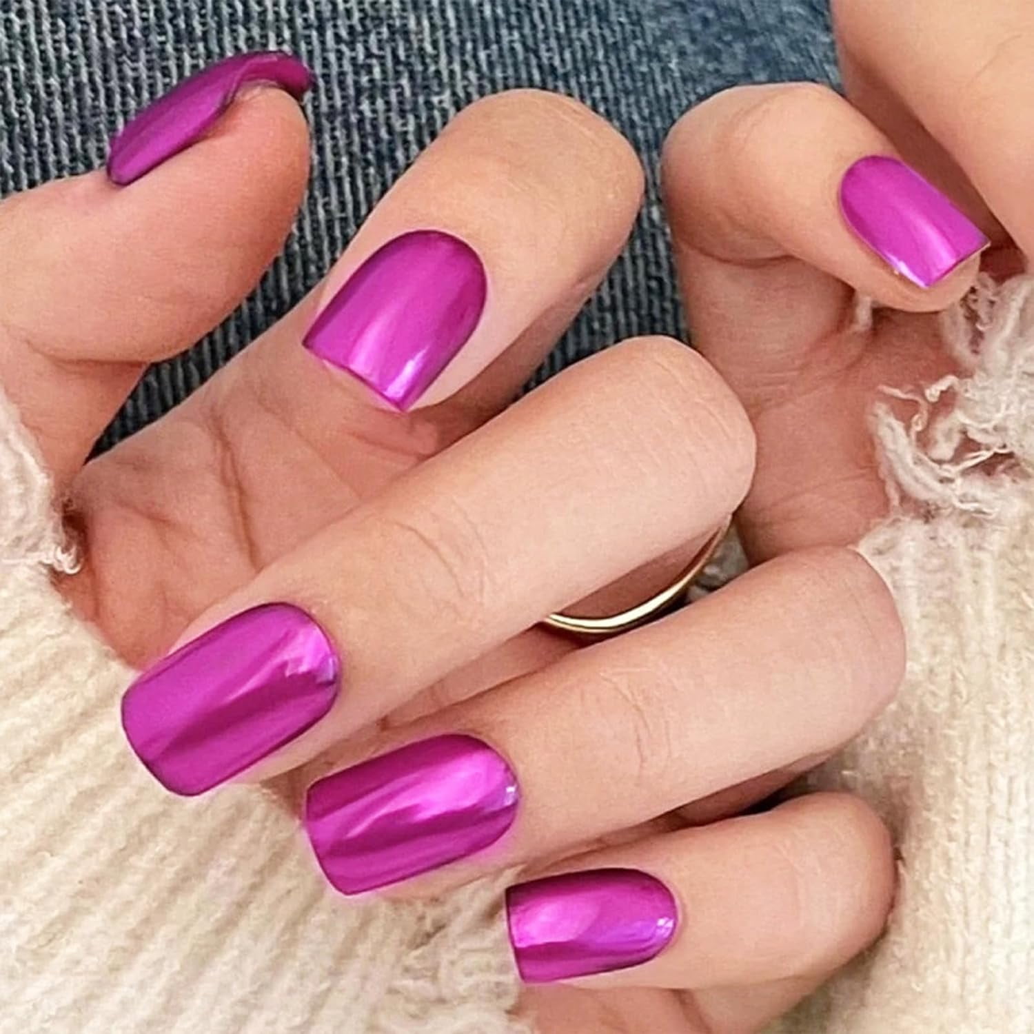 Pink Chrome Press On Nails Medium Square Fake Nails Holographic False ...