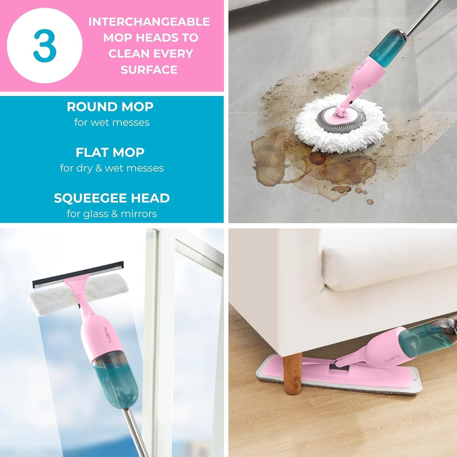 ® Pink Clean Everywhere Spray Mop Kit with Three Interchangeable Heads ...