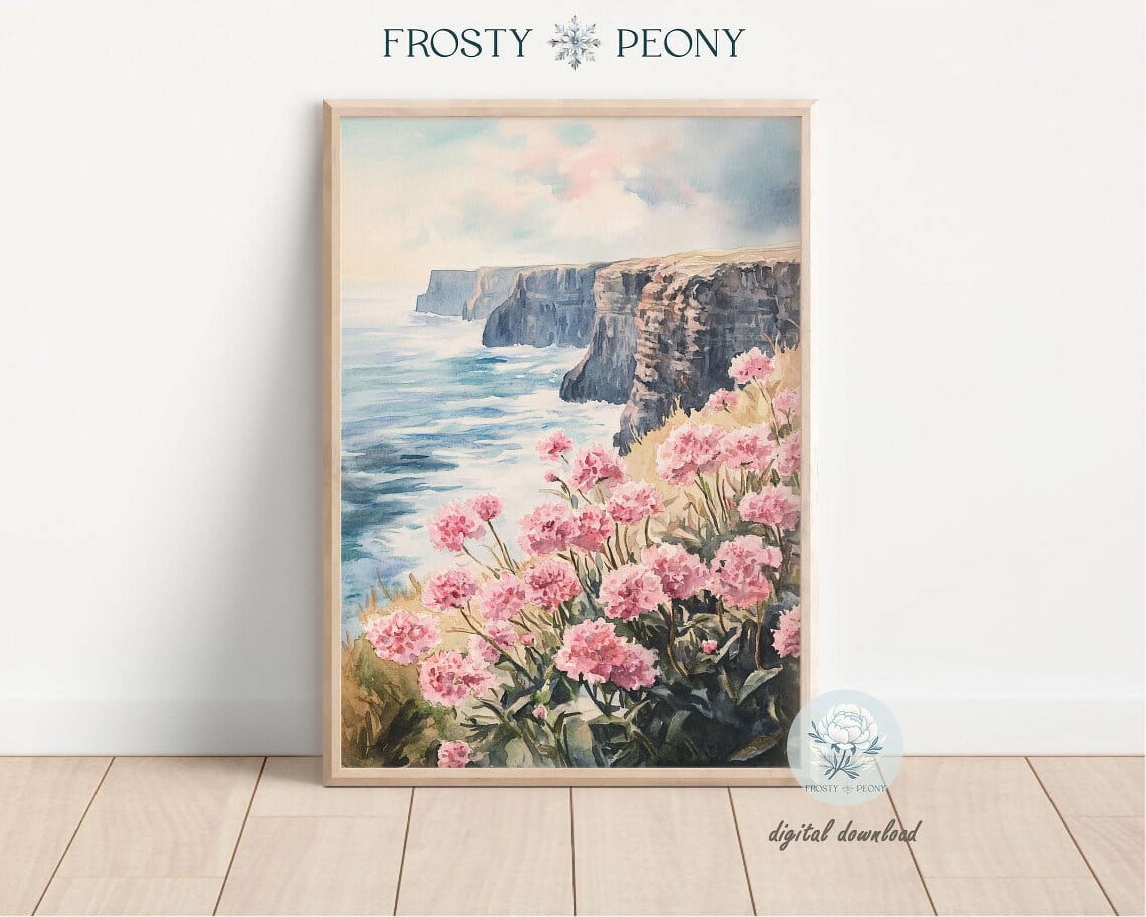 Pink Cliffside Wildflowers Art Print, Seaside Landscape Wall Art ...