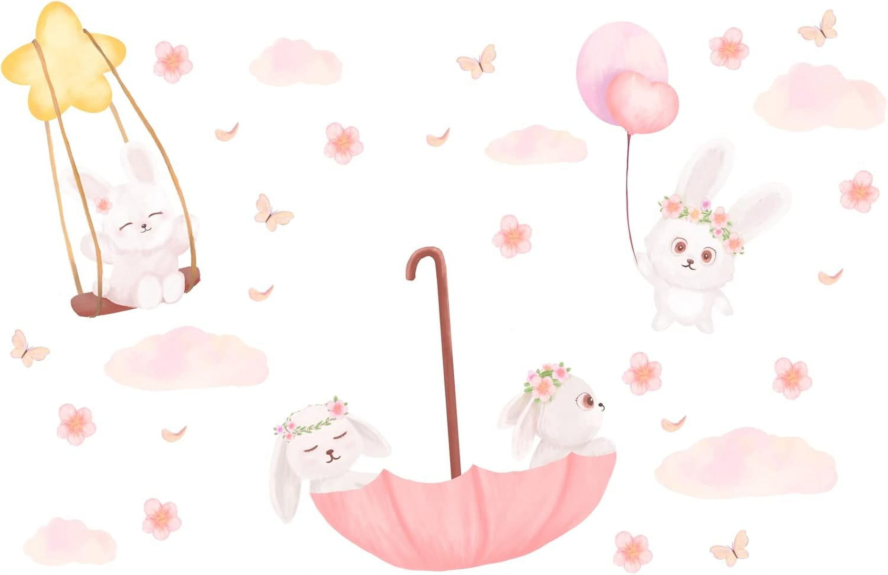 Pink Cloud Rabbit Wall Stickers Cherry Blossom Star Swing Wall Decal ...