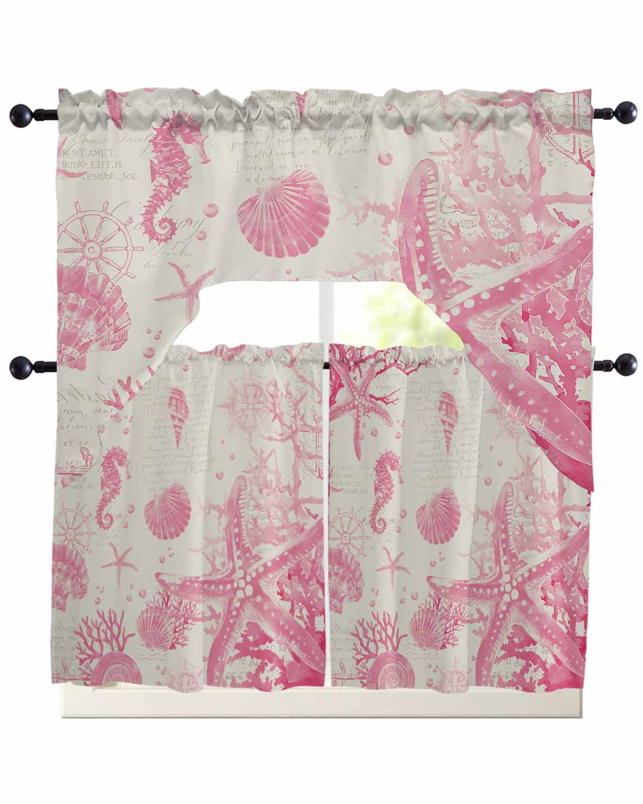 Pink Coastal Starfish Kitchen Curtains Sets 24 Inch Length with Valance ...