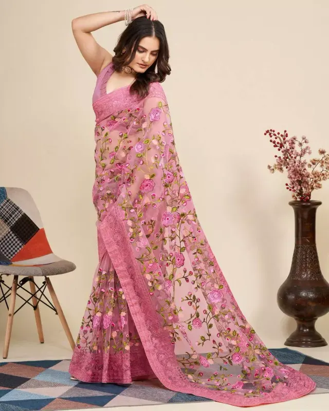 Pink Color Soft Net Saree Beautiful Floral Embroidery Work Saree ...