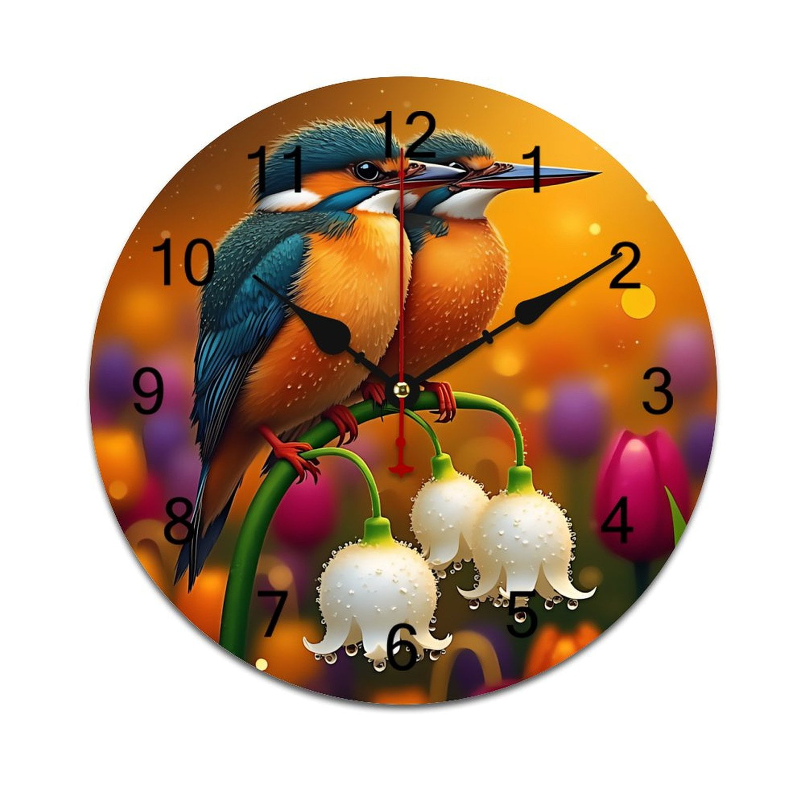 Pink Colorful Birds Flower Printed Silent Wall Clock Round Kitchen ...