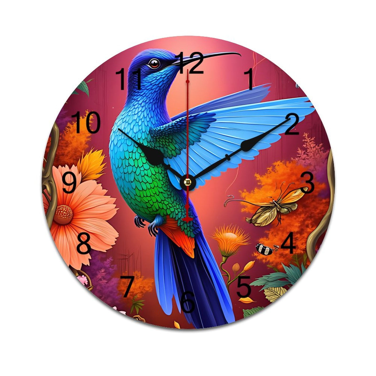 Pink Colorful Birds Flower Printed Silent Wall Clock Round Kitchen ...