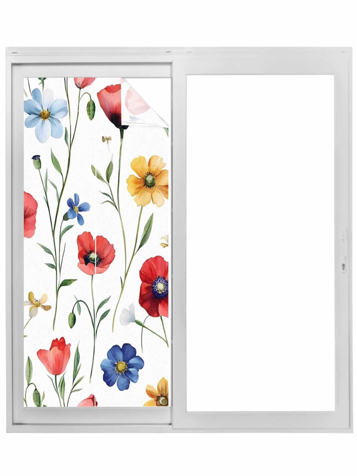 Pink Colorful Poppy Window Privacy Film, Spring Pastoral Flowers Leaves ...