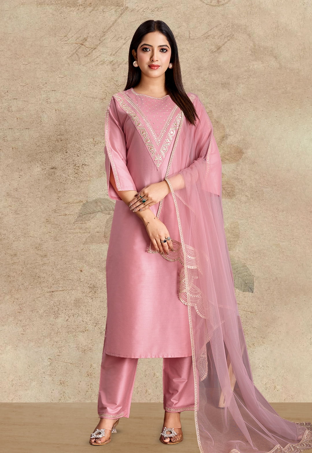 Pink Colour Round Neck V-Shape Yoke Embroidered Silk Blend Kurta With ...