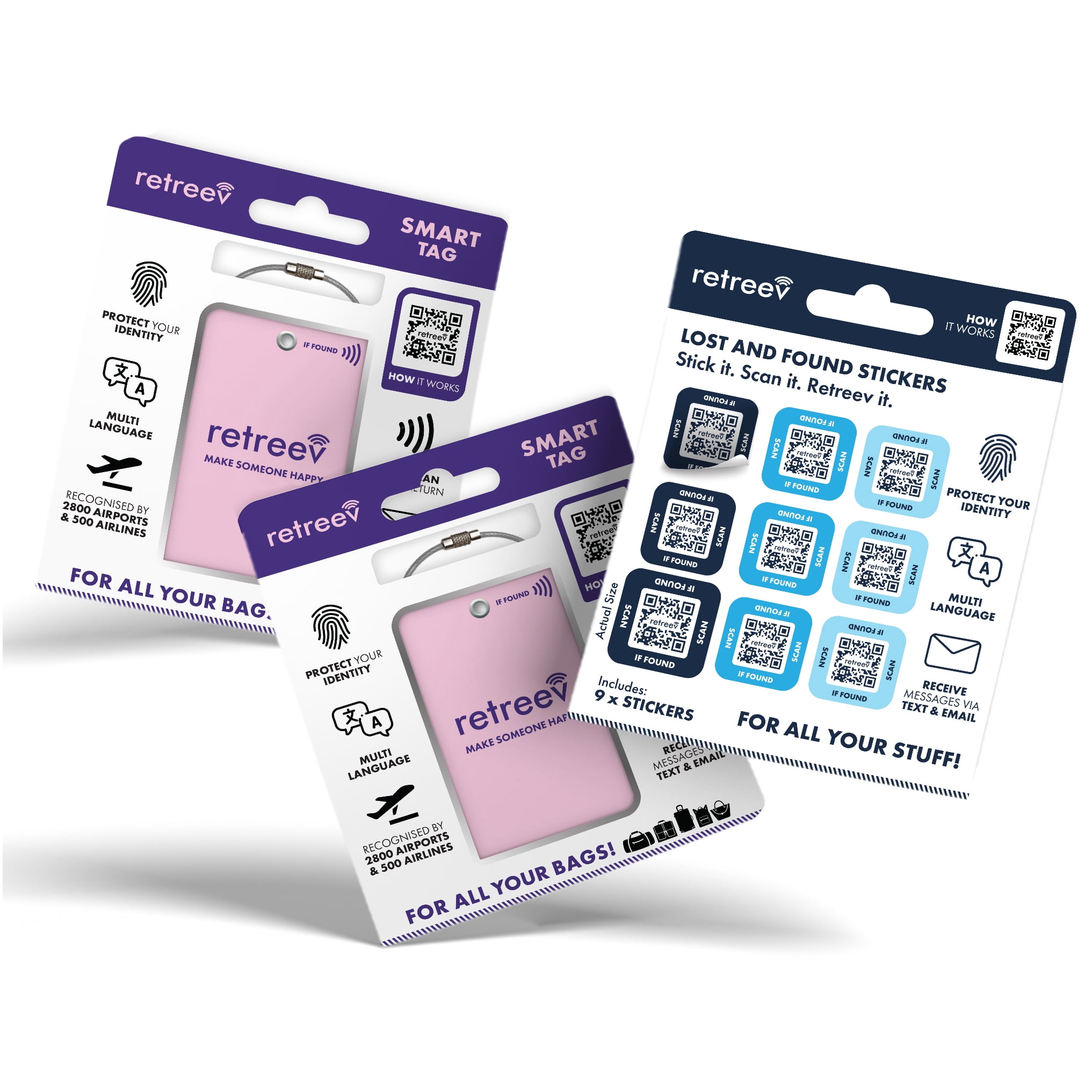 Pink Combo - 2 X Pink Originals Retreev Smart Tags & 9 X Smart Stickers ...