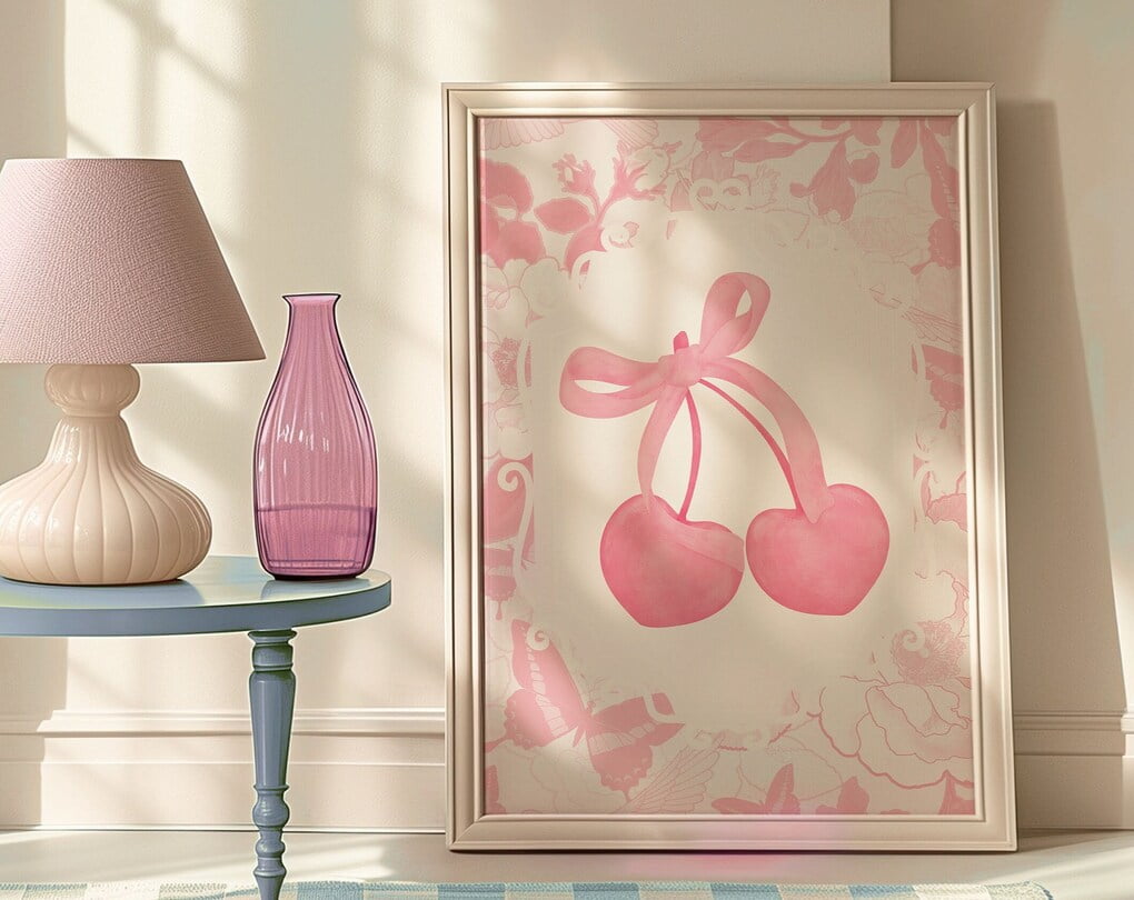 Pink Coquette Cherry Physical Print Pink Bow Trendy Retro Printable Feminine Poster Soft Girl ...
