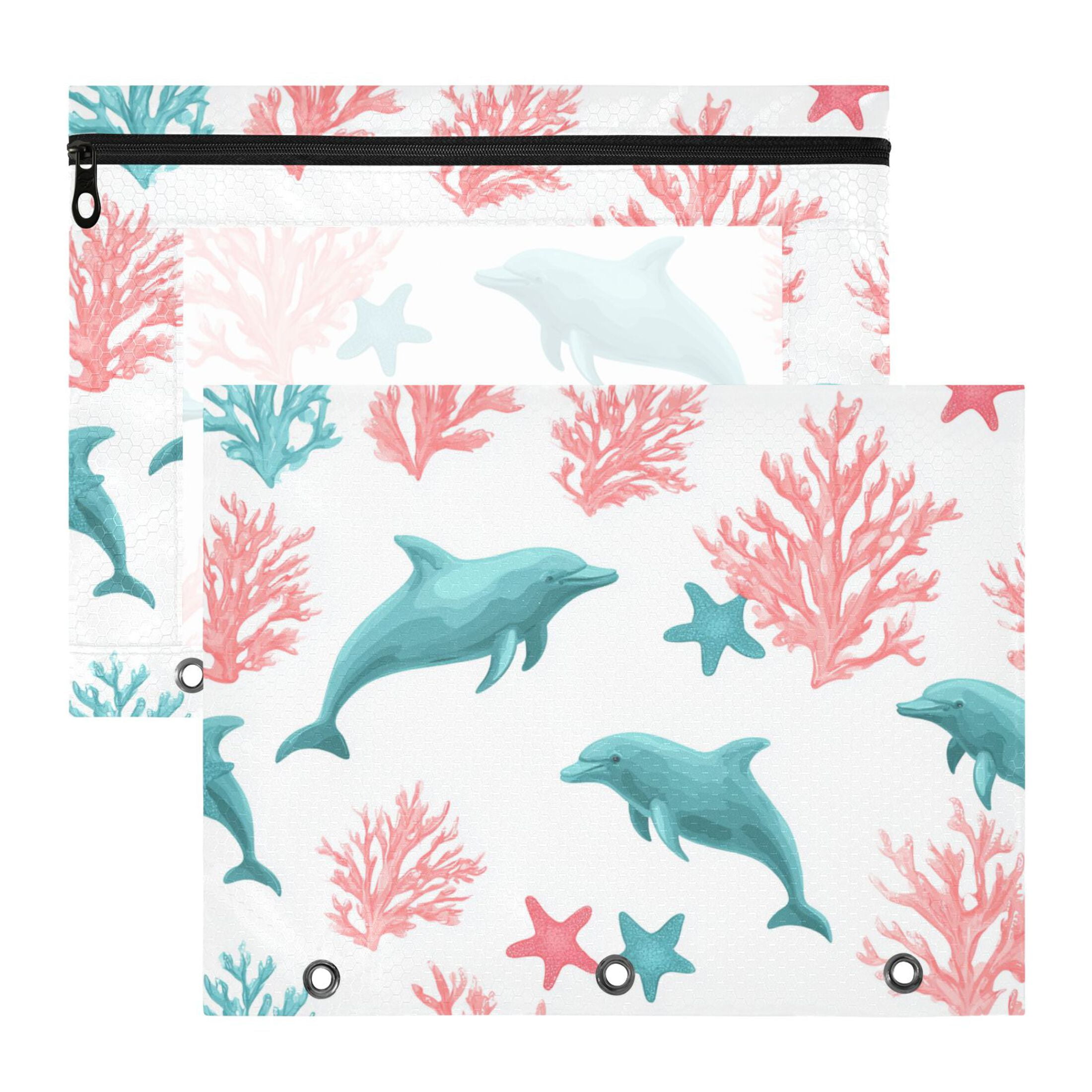 Pink Corals Blue Dolphins 3-Ring Binder Pouches A4 Size Zipper Pocket File Storage 2 Packs ...