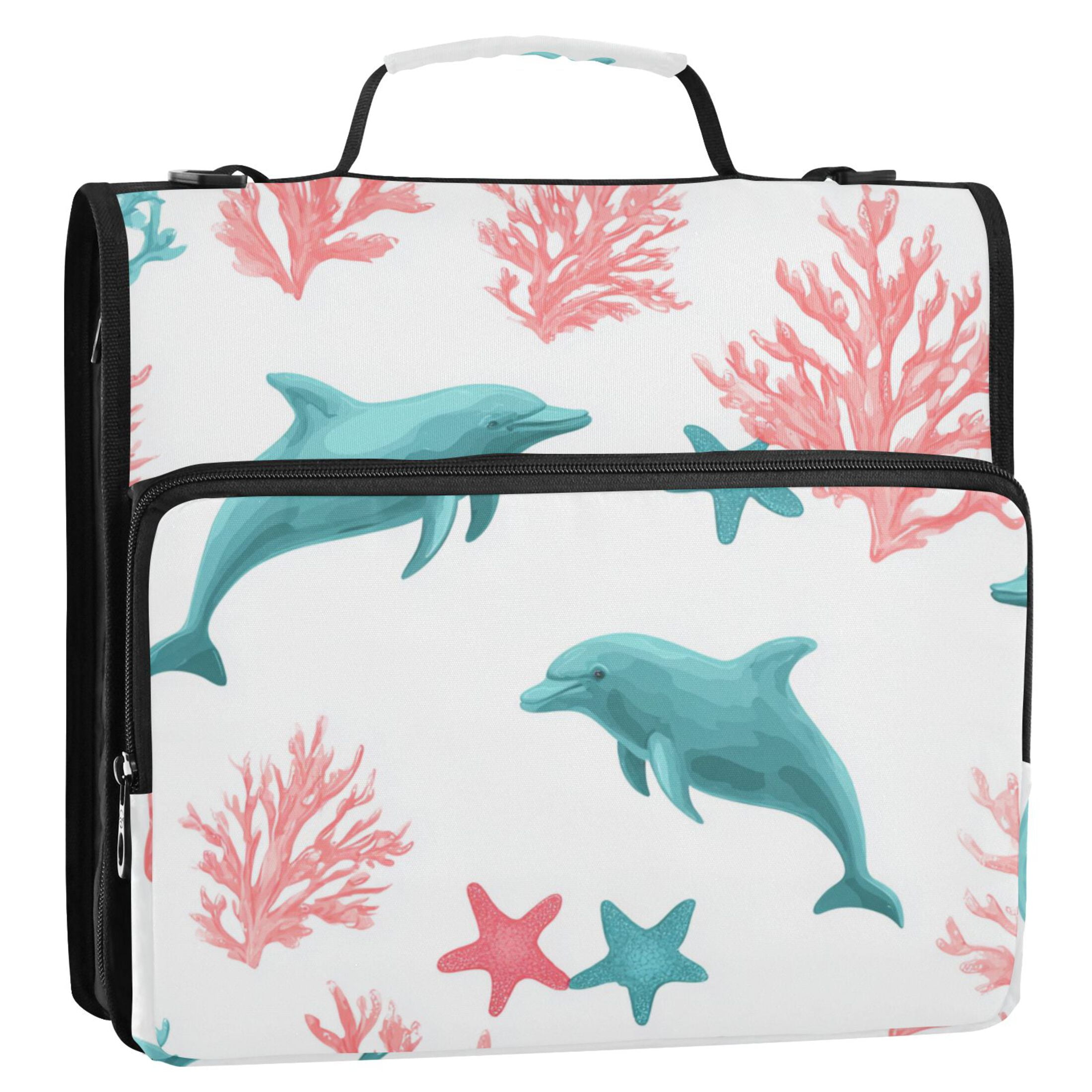 Pink Corals Blue Dolphins Binder Bag with Shoulder Strap 3 Ring Zipper ...