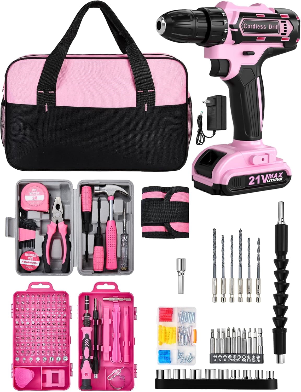 Pink Cordless Drill Set 215 Pcs, 21V Power Tool Kit with Storage Bag ...