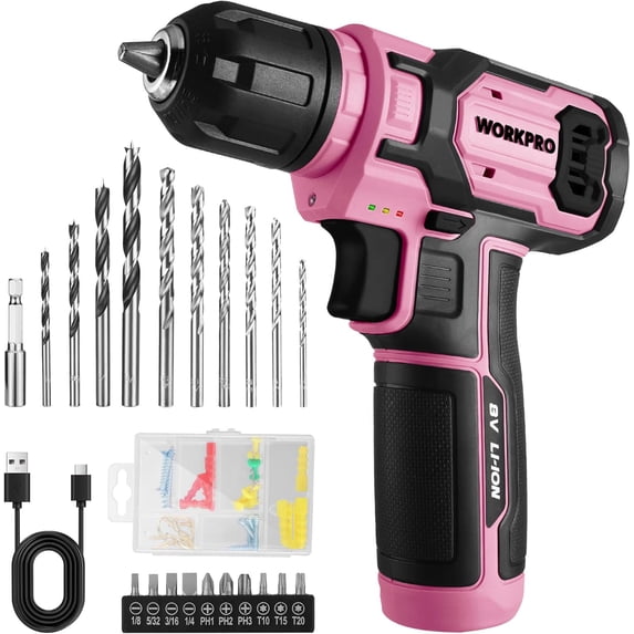 Pink Cordless Drill Set, 8V Impact Drill Driver with 53pcs Bit Set, 2 ...