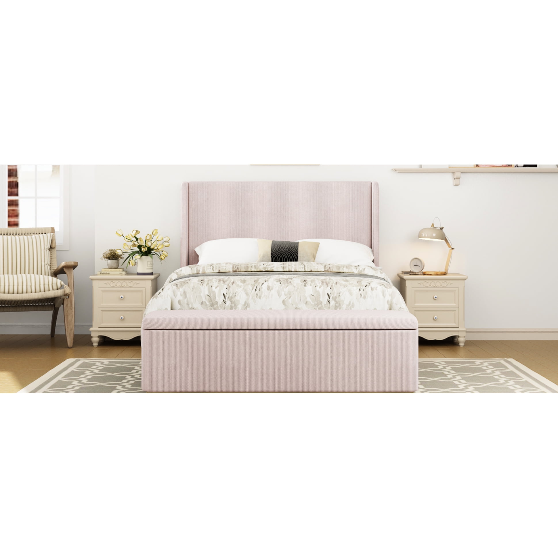 Pink Corduroy Upholstered King Bed With Storage And High Wingback ...