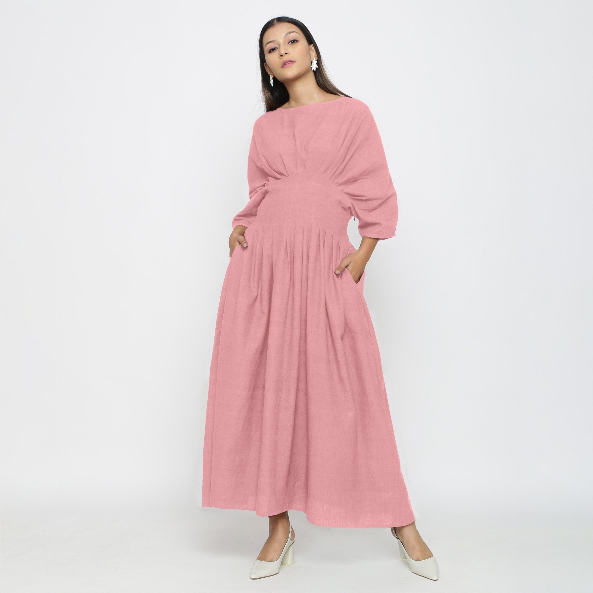 Pink Cotton Flax Ankle Length Pleated Flared Dress - Walmart.com