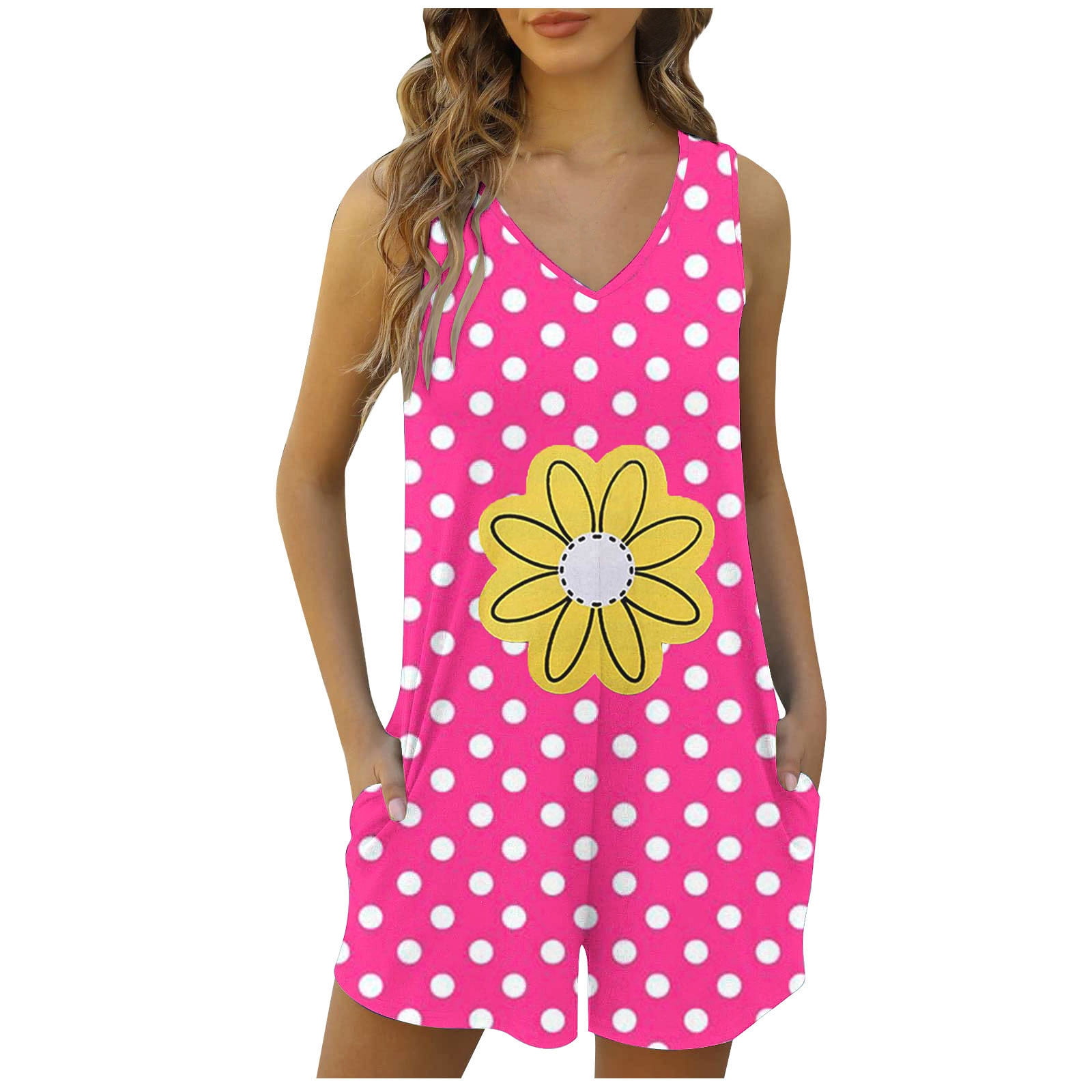 Pink Coveralls Shortalls for Women Fall Summer Daisy Floral Graphic Loose Fit Lounge Polka Dot ...