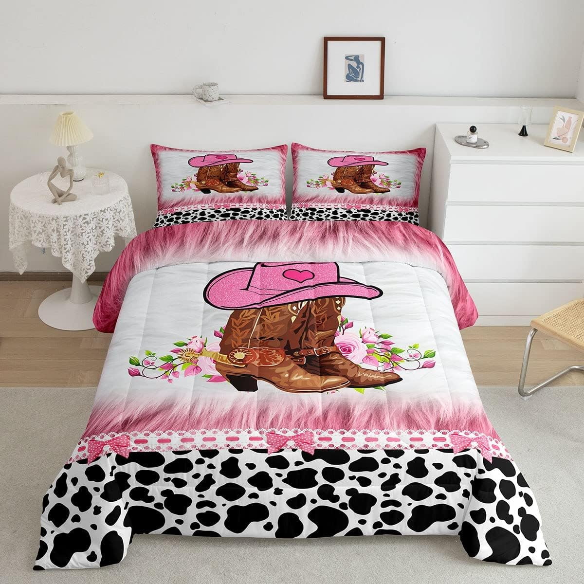 Pink Cow Girl Comforter Set Western Decor Comforter for Kids Teens Pink ...