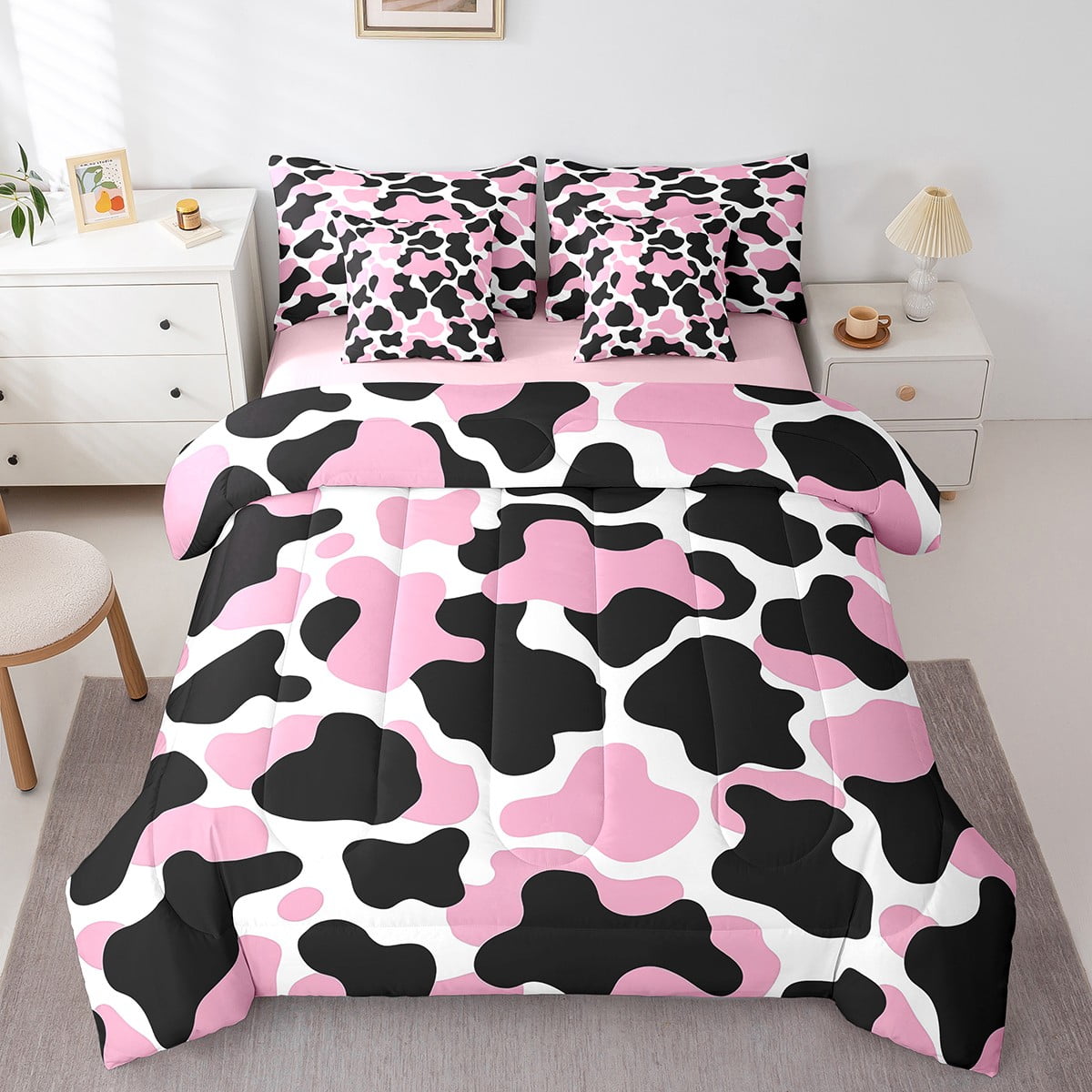 Pink Cow Print 7 Piece Comforter Set Full Bed in a Bag Cartoon Bedding ...