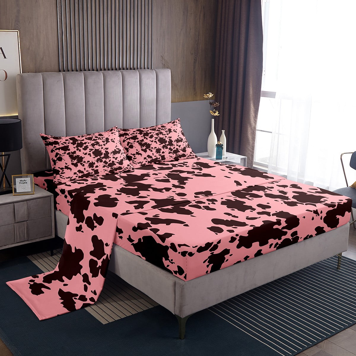 Pink Cow Print Bed Sheets Set Full Size Teens Adults,Cartoon Milk Cow ...