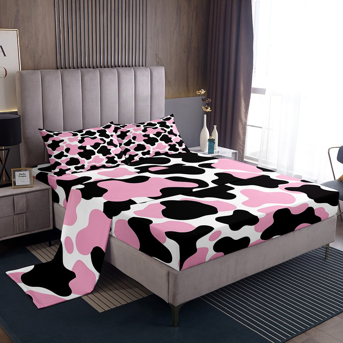 Pink Cow Print Bed Sheets Set Cartoon Sheet Set Queen,Milk Cow Cowhide ...