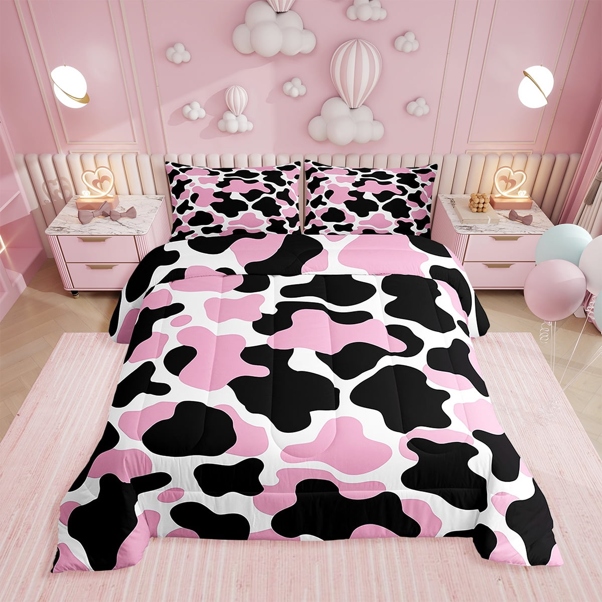 Pink Cow Print Comforter Set Cartoon King Bedding Set,Milk Cow Cowhide ...