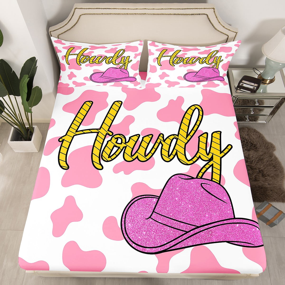 Pink Cow Print Fitted Sheet Bull Cattle Cowhide Bed Sheets Queen,Farm ...