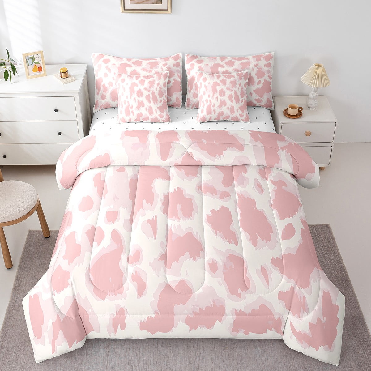 Pink Cow Print King Comforter Set 7 Piece,Cowhide Bed In A Bag With ...