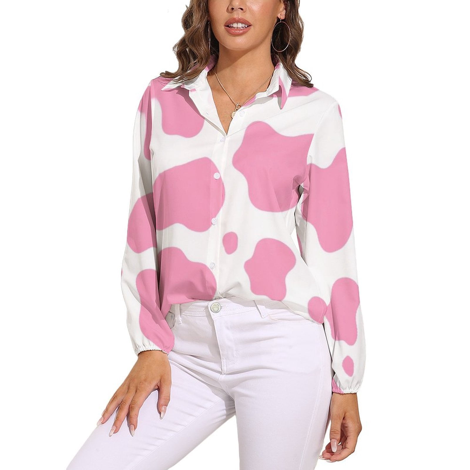 Pink Cow Print Pattern(1)(1) Vntage Casual Long Sleeve Shirt Blouse ...