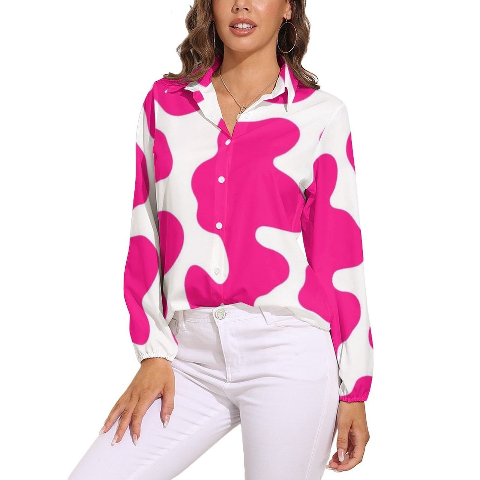 Pink Cow Print Pattern 11 Vntage Casual Long Sleeve Shirt Blouse Woman ...