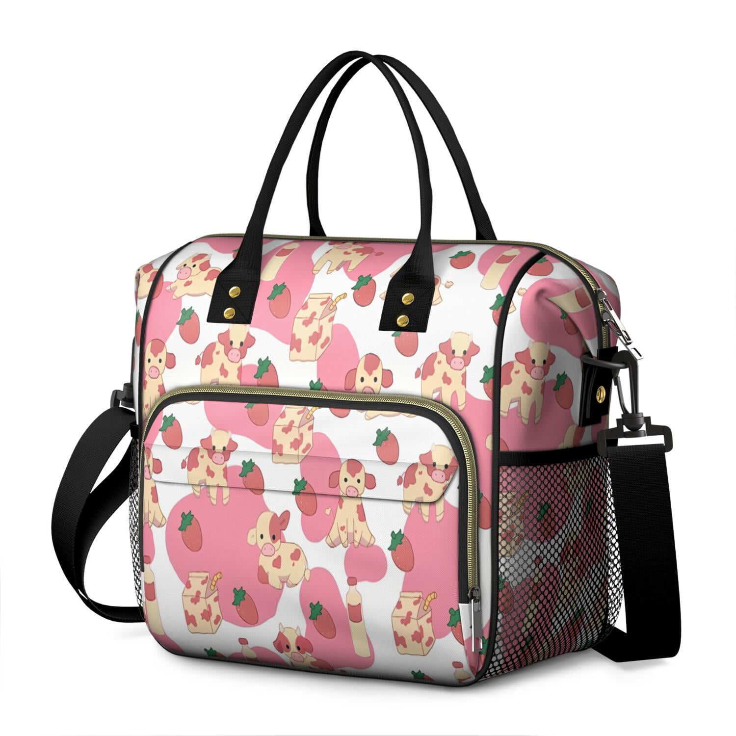 Pink Cow and Strawberry Print Lunch Box for School,Insulated Large ...