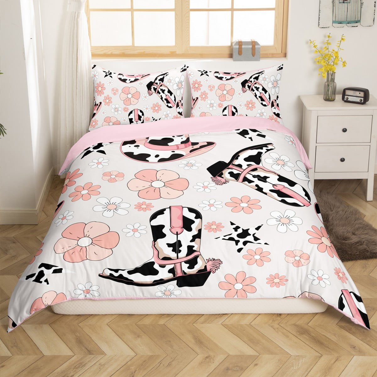 Pink Cowgirl Boot Hat Twin Bedding Set,Western Milk Cow Print Duvet ...