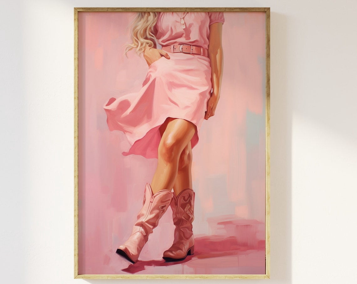 Pink Cowgirl Boots Oil Painting Art Print - Preppy Cowgirl, Trendy ...