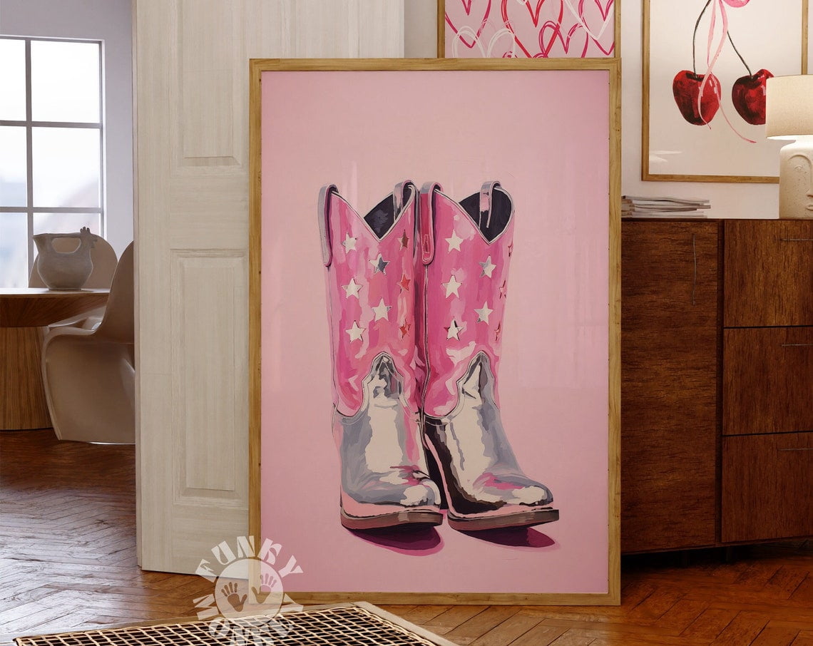 Pink Cowgirl Boots Print, Disco Cowboy Boots Western Painting ...