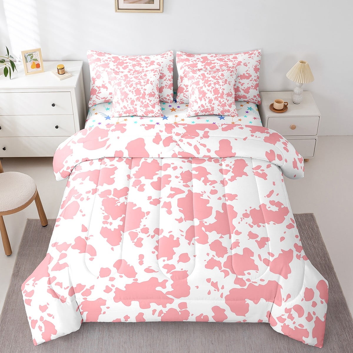 Pink Cowhide Bed in a Bag King Size Comforter Set 7 Pieces Cartoon Cow ...