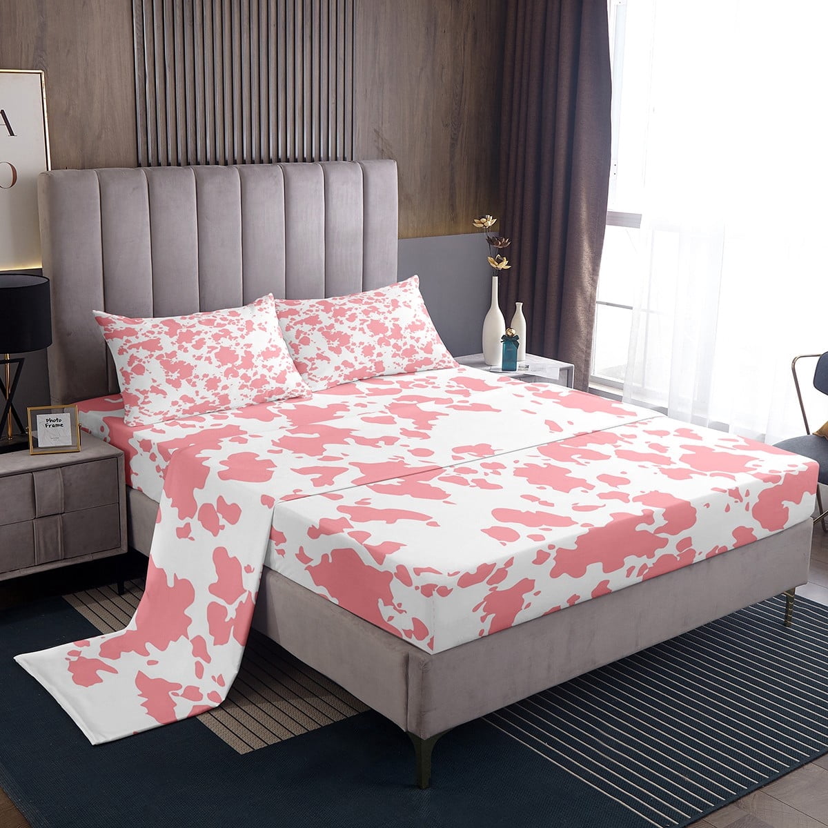 Pink Cowhide Bed Sheets Set Cartoon Cow Print Sheet Set King,Farmhouse ...