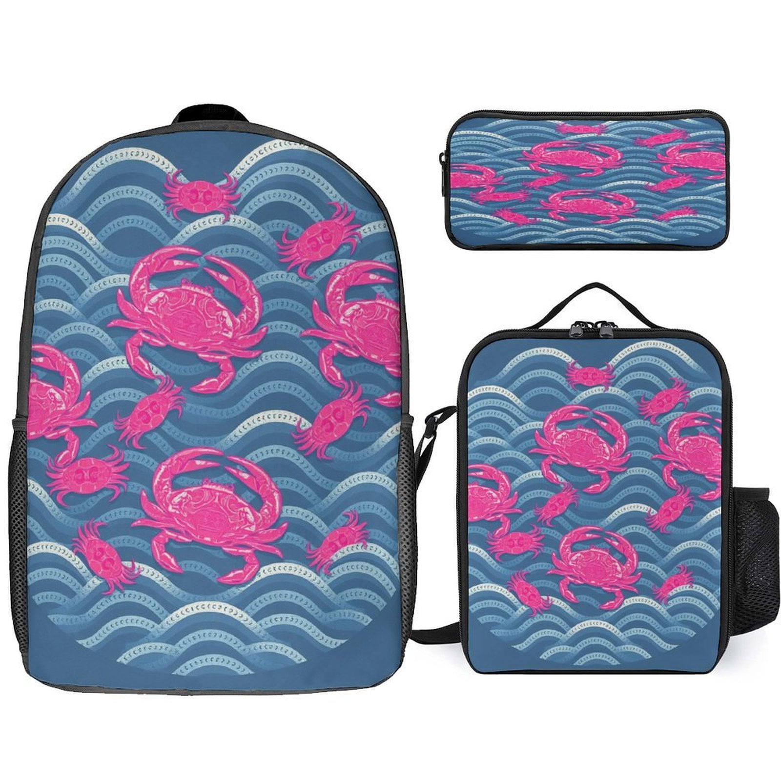 Pink Crabs Ocean Waves 3pcs/Set Bags Laptop Daypack Backpack Lunch Bag ...
