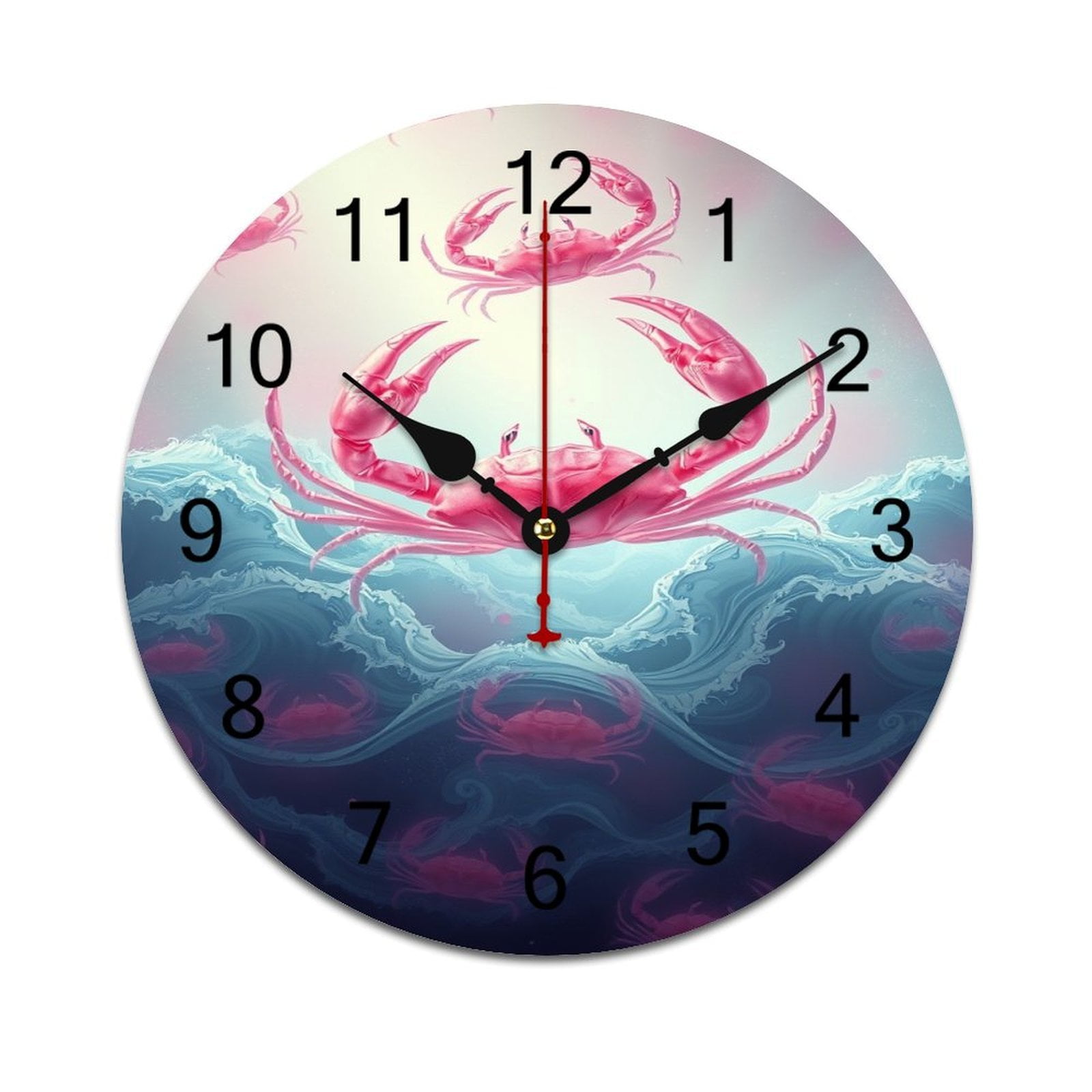 Pink Crabs Ocean Waves Round Wall Clock Modern Design Home Living Room ...
