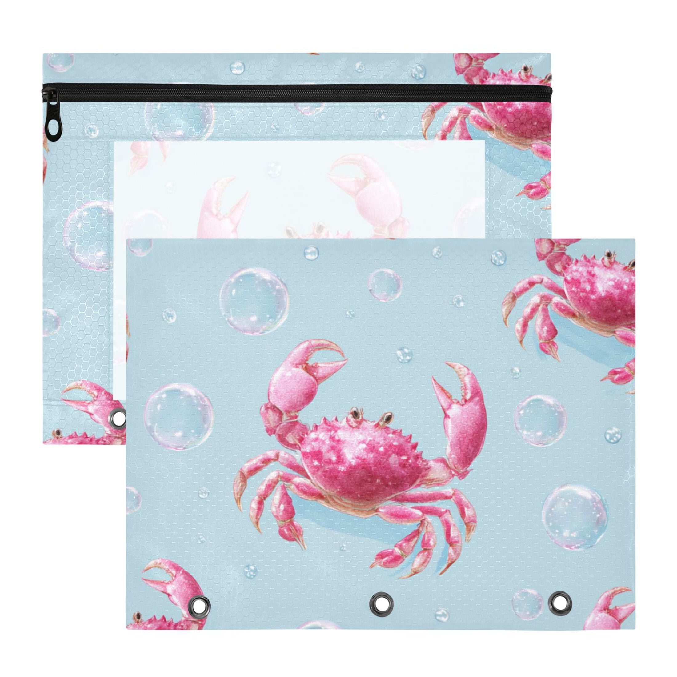 Pink Crabs Watercolor Bubbles 3-Ring Binder Pouches A4 Size Zipper Pocket File Storage 2 Packs ...