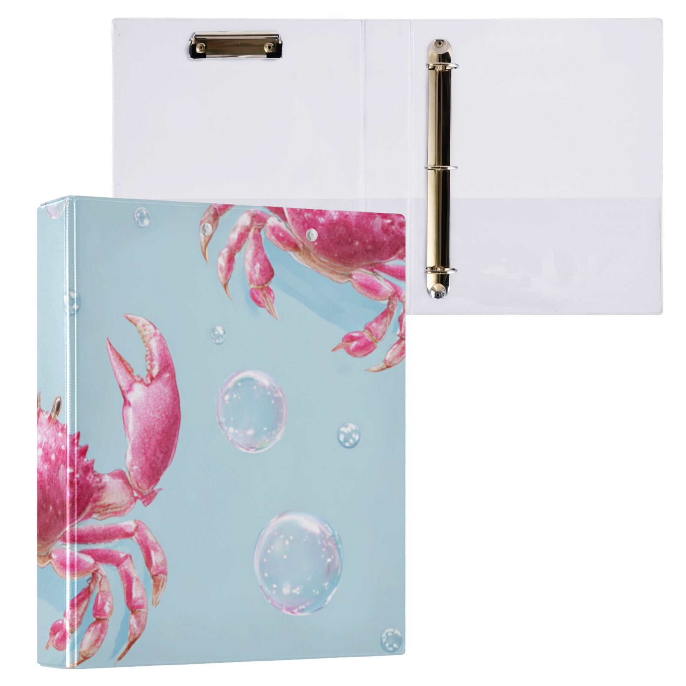 Pink Crabs Watercolor Bubbles Round Ring Binder 3 Rings 1.5" Capacity ...