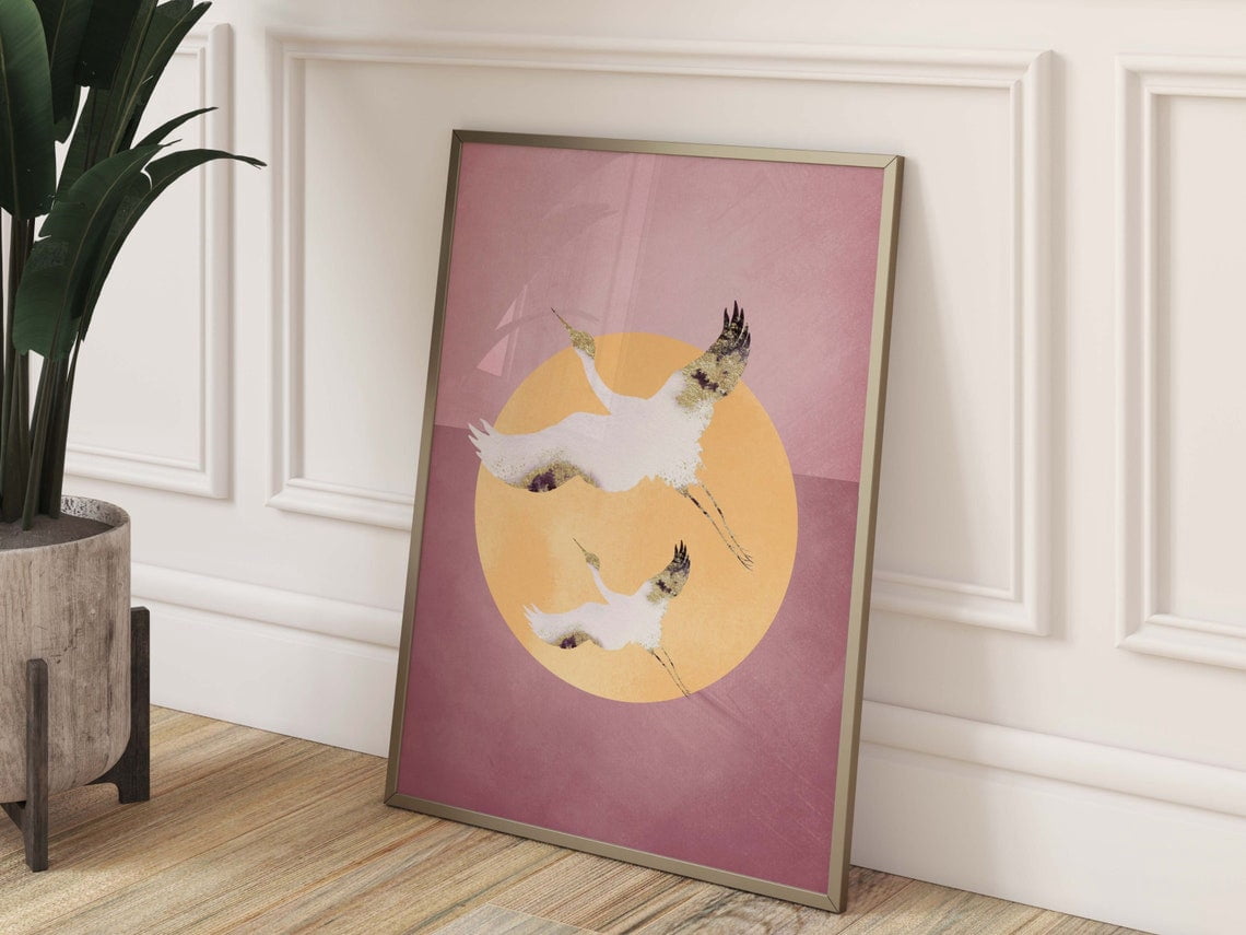 Pink Cranes Japanese Wall Art Print, Japandi Wall Art, Tsuru, Sun ...