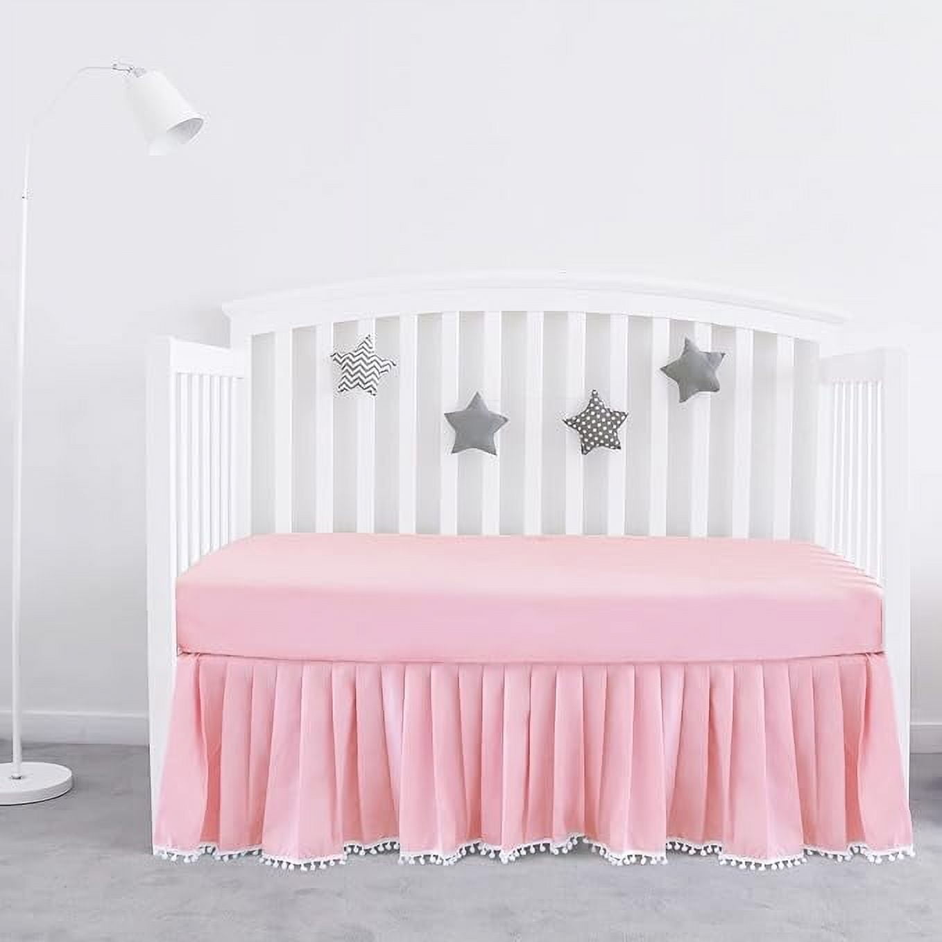 Pink Crib Skirt Pleated with White Lovely Pompoms, Bedding Dust Ruffle ...