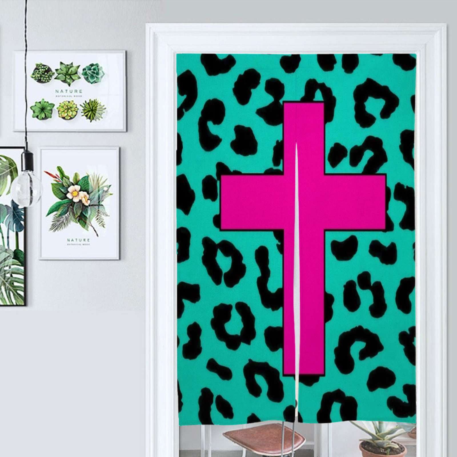 Pink Cross On Teal Leopard Print Door Curtain Nordic Living Room ...