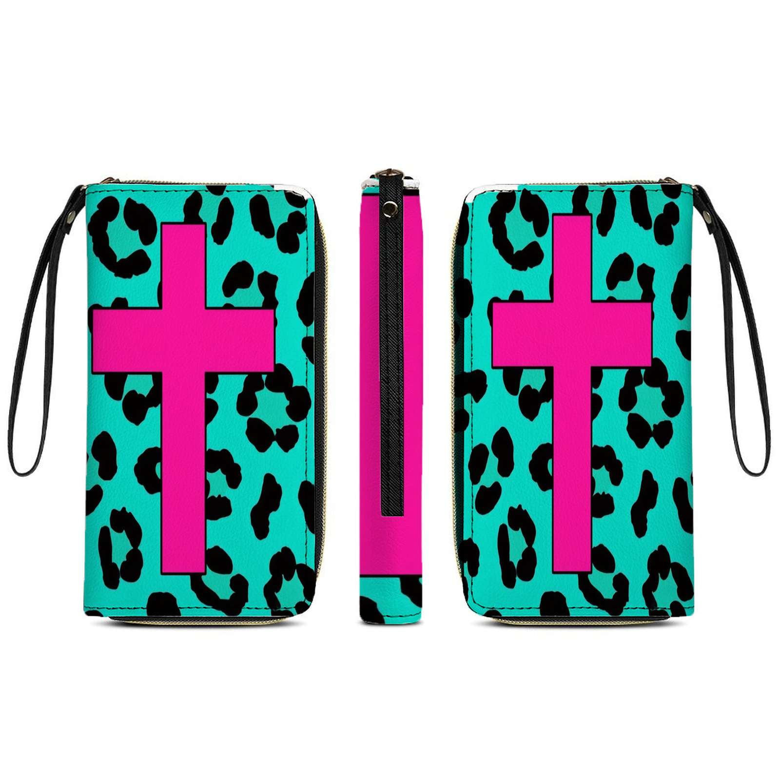 Pink Cross On Teal Leopard Print Long Wallets For Women PU Leather ...