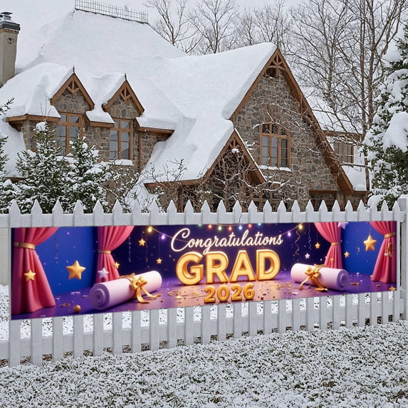 Pink Curtains Graduation Banner Golden Stars Grad 2026 Display Confetti ...