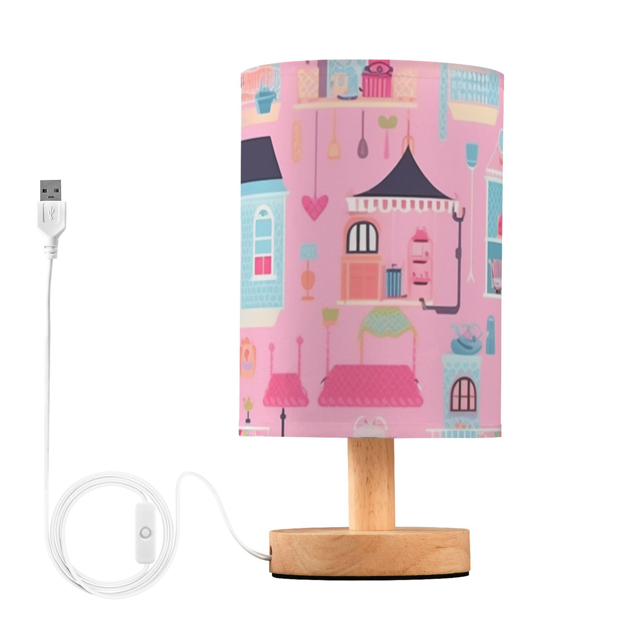 Pink Cute House Pattern Bedside Table Lamp LED Warm Lights with USB ...